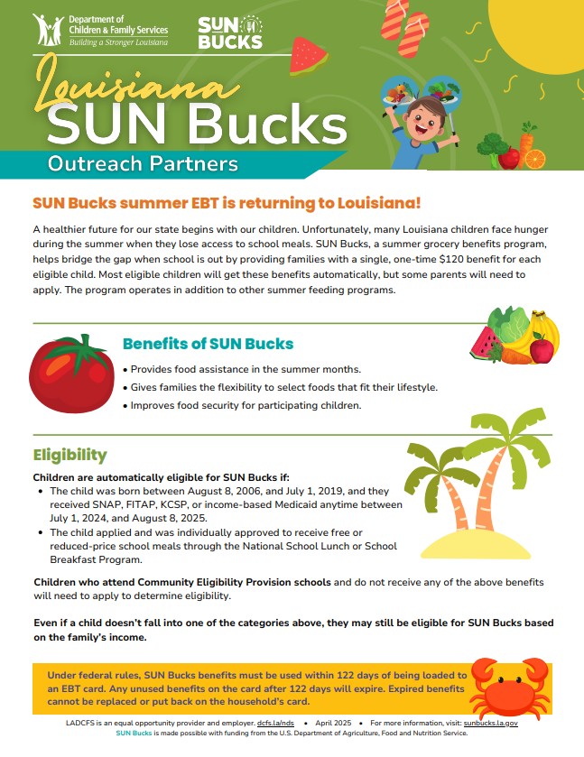 Louisiana SUN Bucks are Back for Summer 2025 - Access Health Louisiana